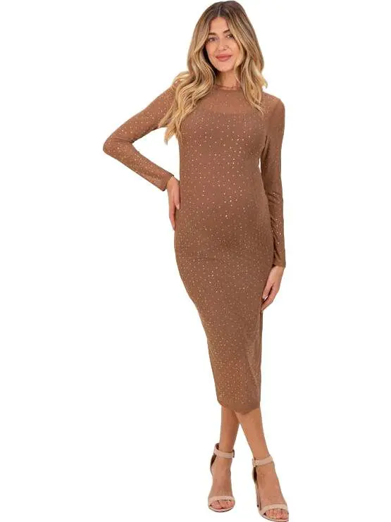 PINKBLUSH Rhinestone Mesh Long Sleeve Midi Dress - Mocha