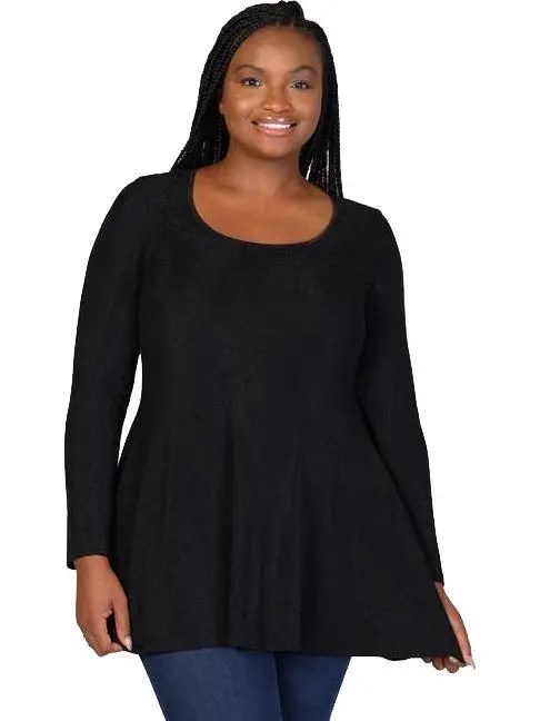 24SEVEN COMFORT APPAREL Scoop Neck Long Sleeve Metallic Tunic Top - Black