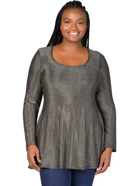 24SEVEN COMFORT APPAREL Scoop Neck Long Sleeve Metallic Tunic Top - Gold