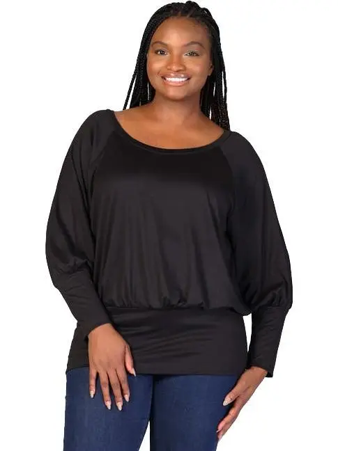 24SEVEN COMFORT APPAREL Round Neck Blouson Sleeve Top - Black