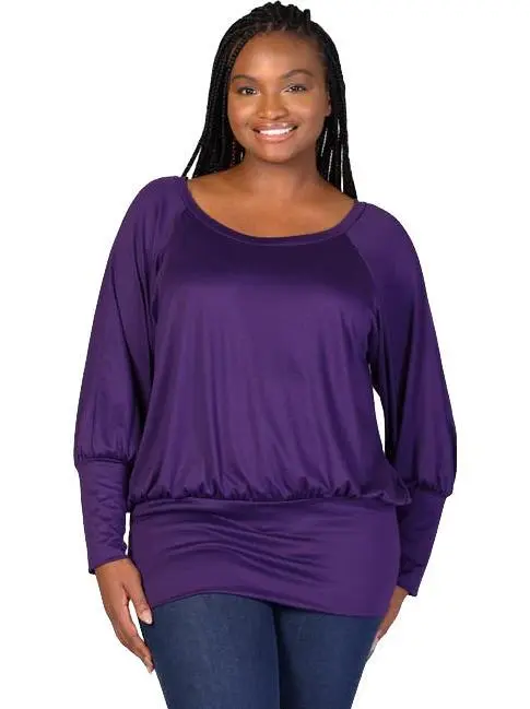 24SEVEN COMFORT APPAREL Round Neck Blouson Sleeve Top - Purple