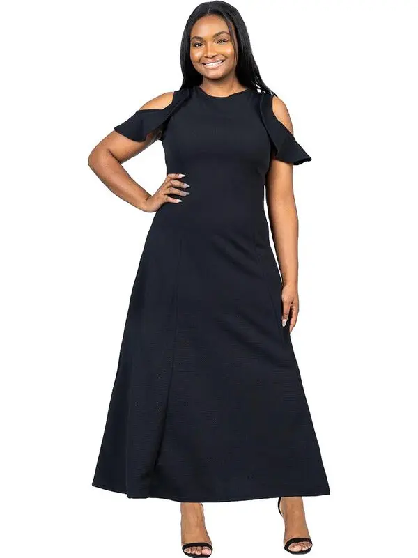 24SEVEN COMFORT APPAREL A-line Maxi Dress With Cold Shoulder Ruffle Sleeves - Black
