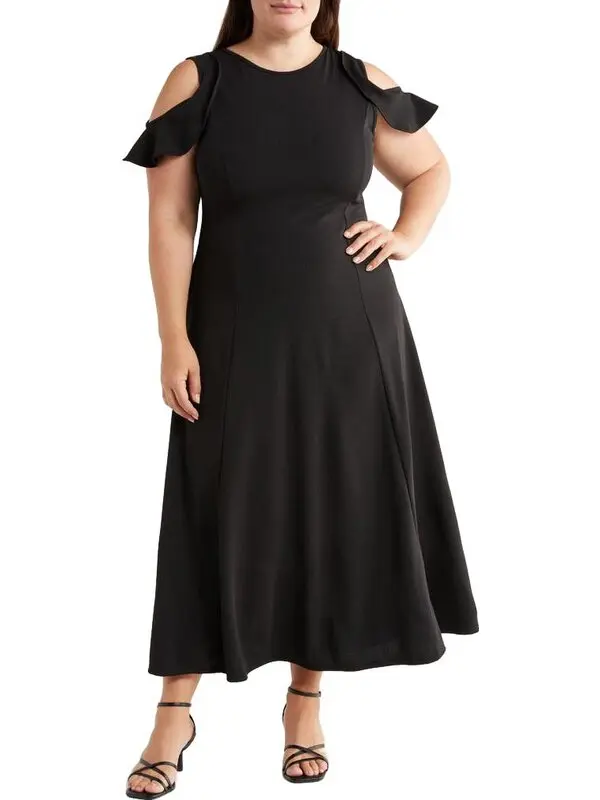 24SEVEN COMFORT APPAREL Ruffle Cold Shoulder Maxi Dress - Black