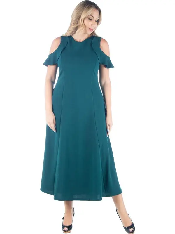 24SEVEN COMFORT APPAREL Ruffle Cold Shoulder Maxi Dress - Hunter