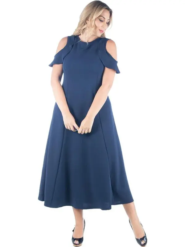 24SEVEN COMFORT APPAREL A-line Maxi Dress With Cold Shoulder Ruffle Sleeves - Navy