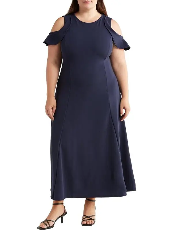 24SEVEN COMFORT APPAREL Ruffle Cold Shoulder Maxi Dress - Navy