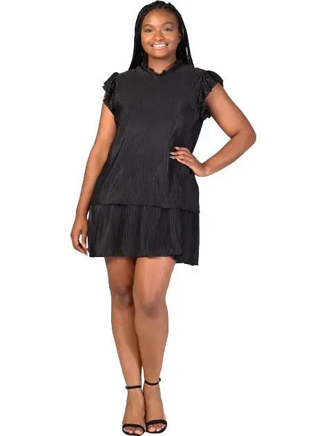 24SEVEN COMFORT APPAREL Ruffle Cap Sleeve High Neck Pleated Tiered Mini Dress - Black