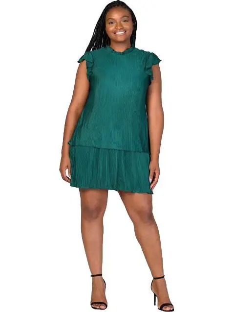 24SEVEN COMFORT APPAREL Ruffle Cap Sleeve High Neck Pleated Tiered Mini Dress - Hunter