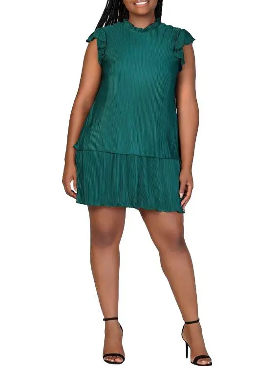 24SEVEN COMFORT APPAREL Micropleat Tiered Mini Dress - Hunter
