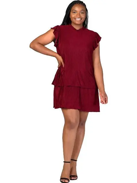 24SEVEN COMFORT APPAREL Ruffle Cap Sleeve High Neck Pleated Tiered Mini Dress - Wine