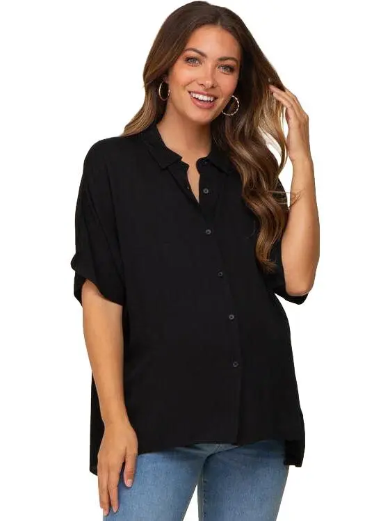 PINKBLUSH Button Up Dolman Short Sleeve Top - Black