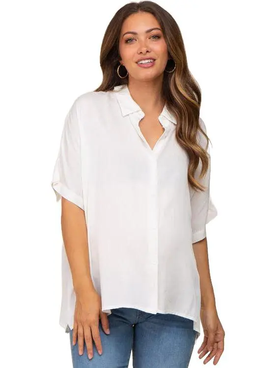 PINKBLUSH Button Up Dolman Short Sleeve Top - White