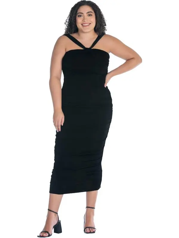 24SEVEN COMFORT APPAREL Halter Cross Neck Ruched Bodycon Midi Dress - Black