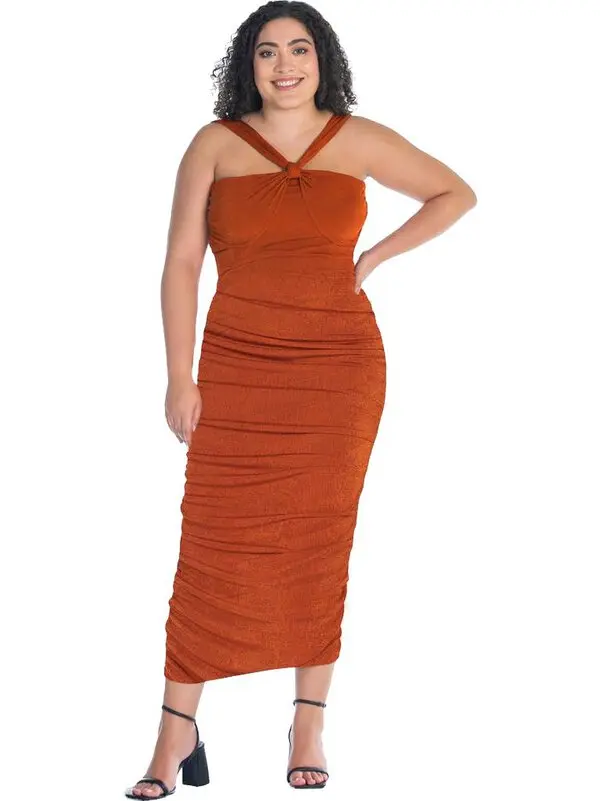 24SEVEN COMFORT APPAREL Halter Cross Neck Ruched Bodycon Midi Dress - Rust