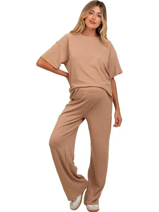 PINKBLUSH Textured Knit Oversized Tee And Pants Set - Taupe