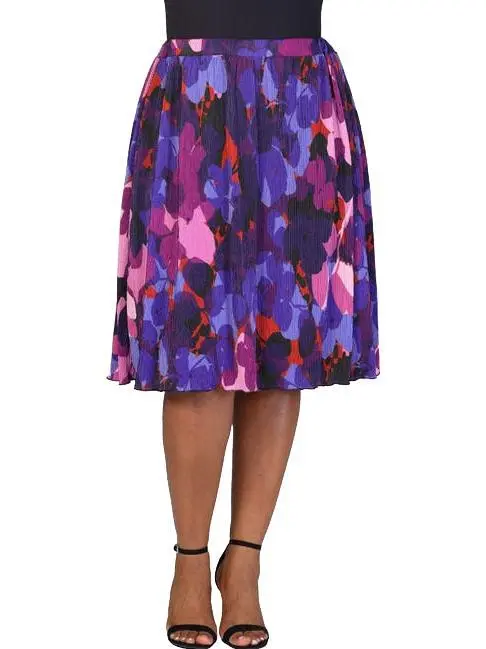 24SEVEN COMFORT APPAREL Pleated Elastic Waistband Midi Skirt - Purple Multi