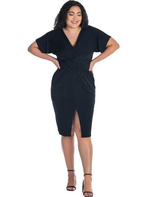 24SEVEN COMFORT APPAREL Short Sleeve V-neck Twist Front Split Hem Dress - Black