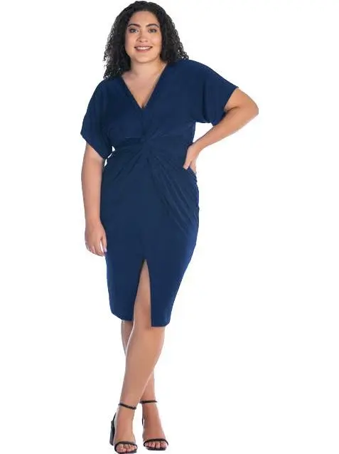 24SEVEN COMFORT APPAREL Short Sleeve V-neck Twist Front Split Hem Dress - Navy