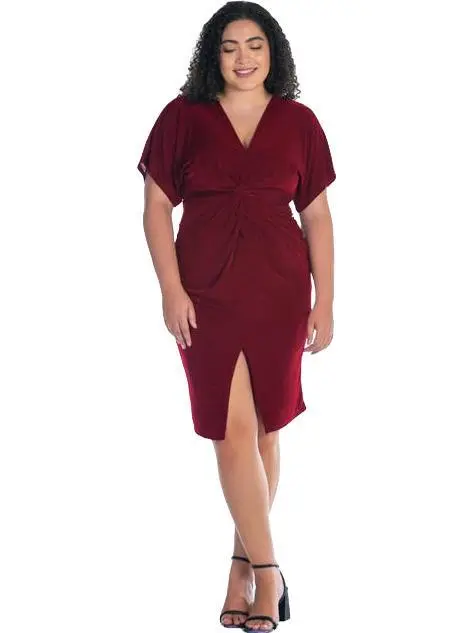 24SEVEN COMFORT APPAREL Short Sleeve V-neck Twist Front Split Hem Dress - Wine