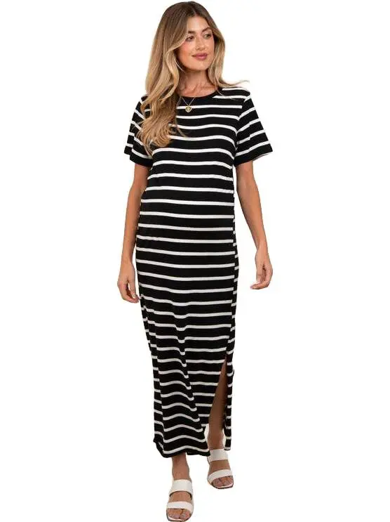 PINKBLUSH Striped Side Slit Maxi Dress - Black