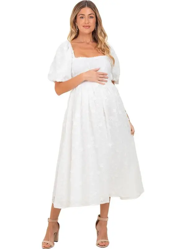 PINKBLUSH Embroidered Floral Puff Sleeve Midi Dress - Ivory