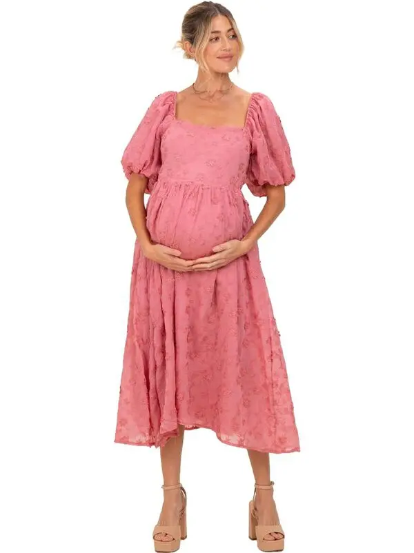 PINKBLUSH Embroidered Floral Puff Sleeve Midi Dress - Mauve