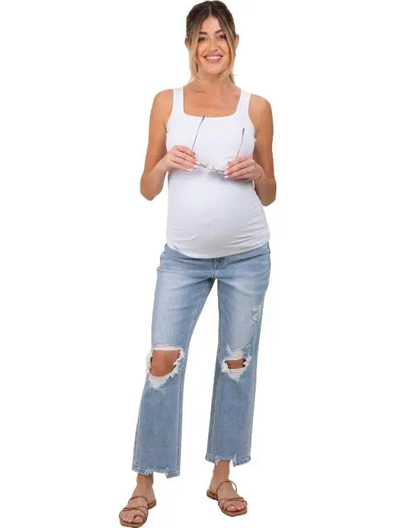 PINKBLUSH Distressed Cutout Maternity Straight Leg Ankle Jeans - Light Blue