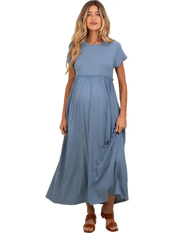 PINKBLUSH Ruffle Trim Empire Waist Maternity Maxi Dress - Blue