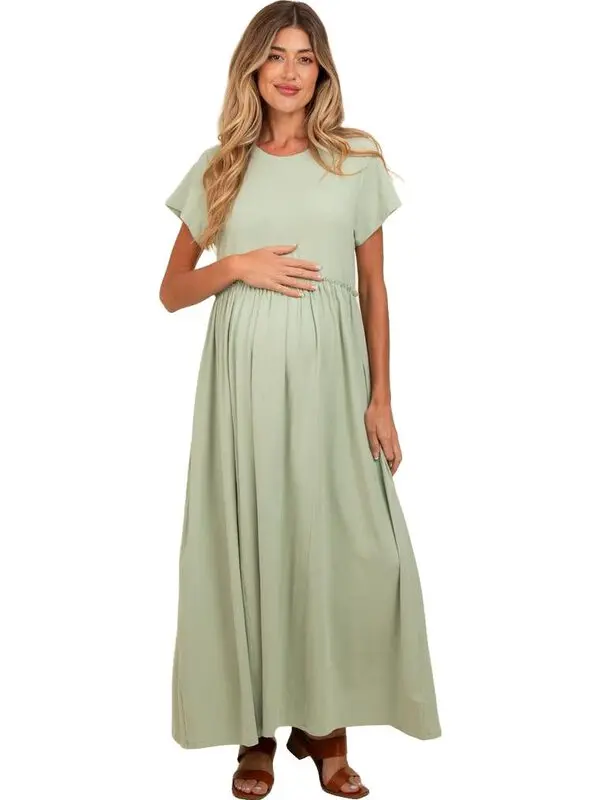 PINKBLUSH Ruffle Trim Empire Waist Maternity Maxi Dress - Light Olive