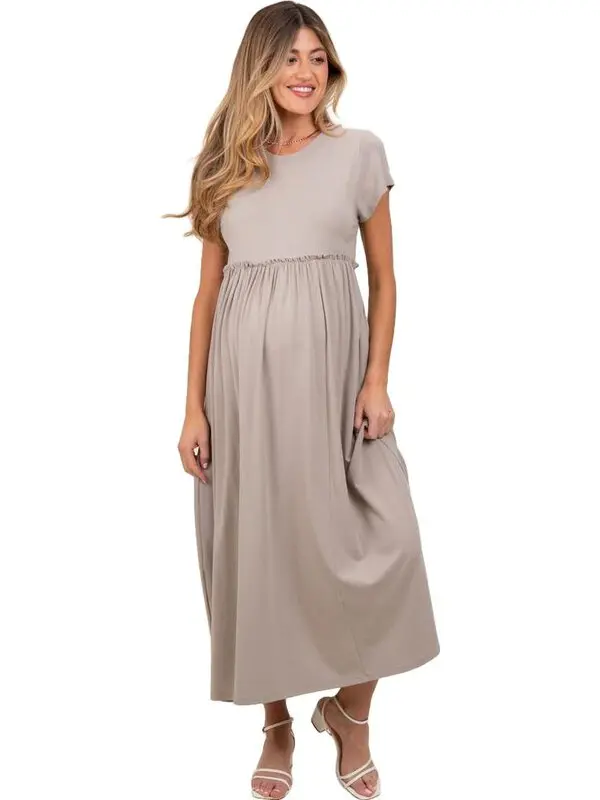 PINKBLUSH Ruffle Trim Empire Waist Maternity Maxi Dress - Taupe