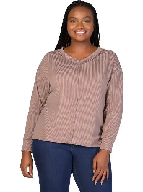 24SEVEN COMFORT APPAREL Relaxed Fit Ribbed Knit V-neck Sweater Top - Taupe