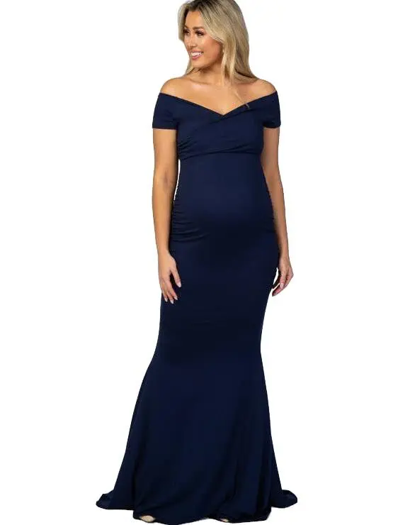 PINKBLUSH Off Shoulder Wrap Maternity Gown - Blue