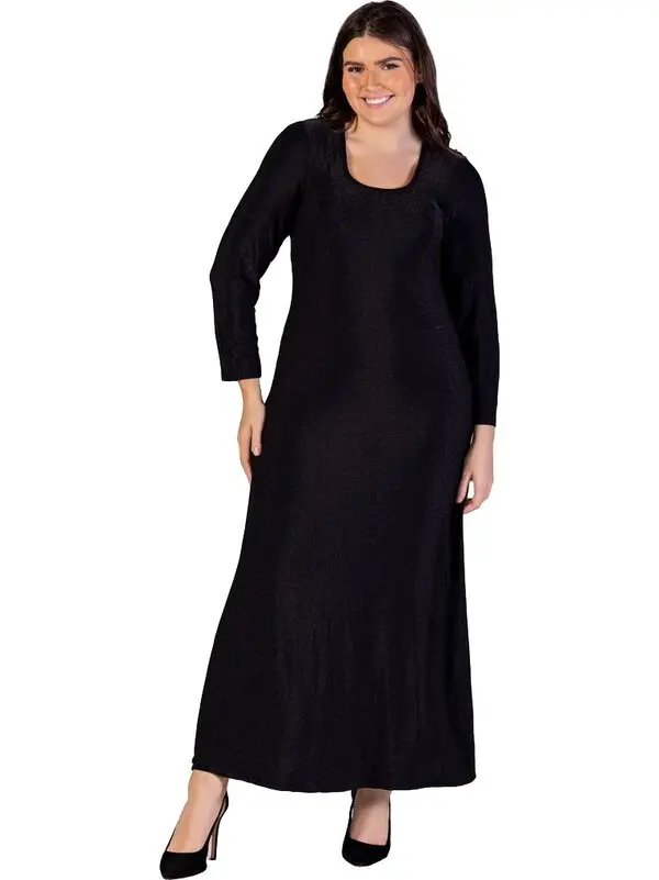 24SEVEN COMFORT APPAREL Long Sleeve Scoop Neck Shimmery Fabric Maxi Dress - Black