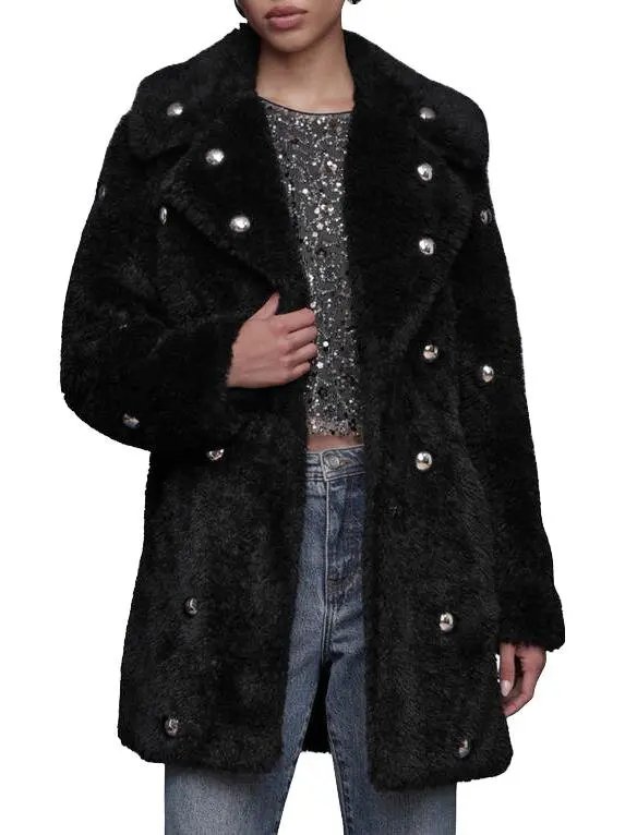 Avec Les Filles Studded Faux Fur Coat With Removable Sash - Black-silver Studded