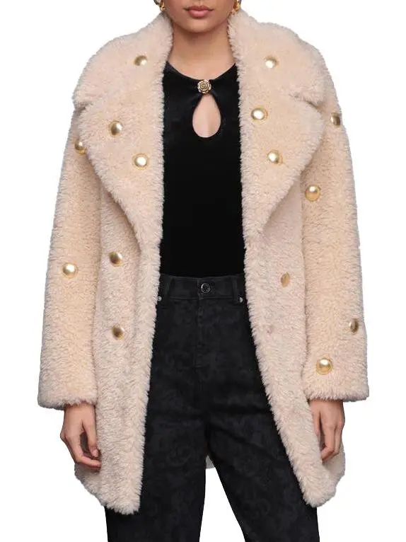 Avec Les Filles Studded Faux Fur Coat With Removable Sash - Ivory-gold Studded