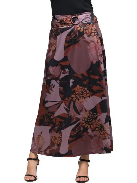 24SEVEN COMFORT APPAREL Floral Print Maxi Skirt With Buckle Waist - Gray Multi