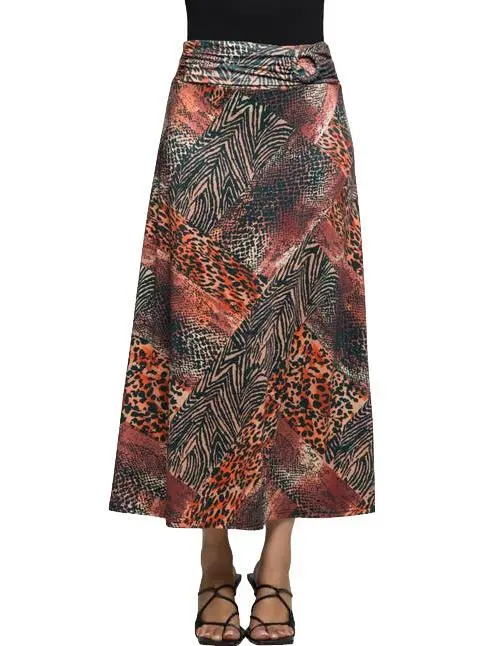 24SEVEN COMFORT APPAREL Animal Patchwork Print Maxi Skirt - Brown Multi