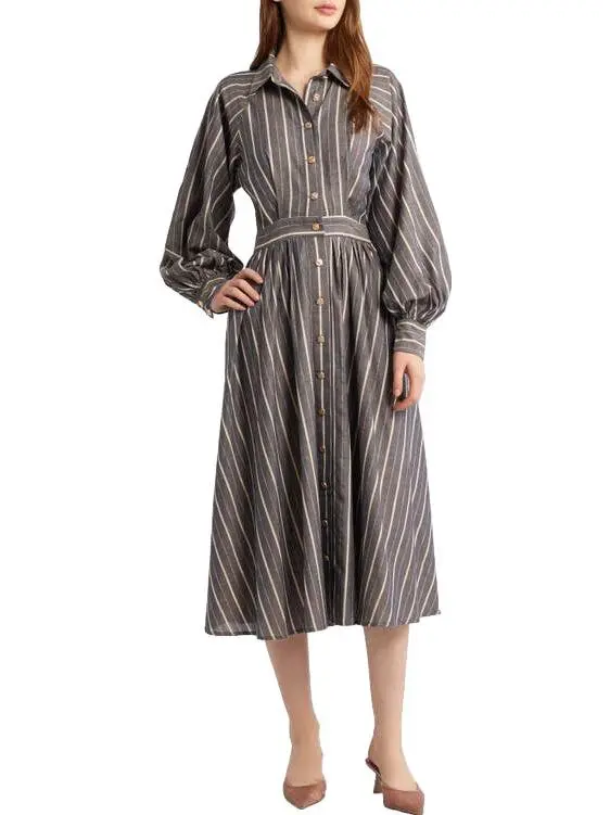 FREEMARKET Striped Pleated Long-sleeve Midi Shirtdress - Charcoal