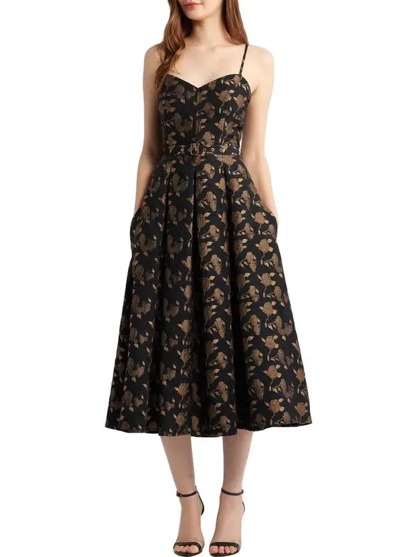 FREEMARKET Belted Jacquard Fit & Flare Dress - Black/brown