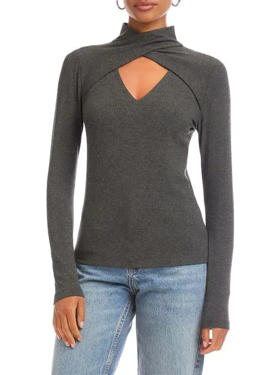 Fifteen Twenty Kari Twist Neck Cutout Rib Top - Charcoal