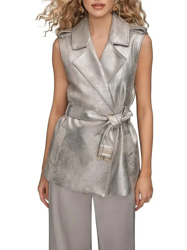 Donna Karan New York Metallic Faux Leather Belted Vest - Vapor