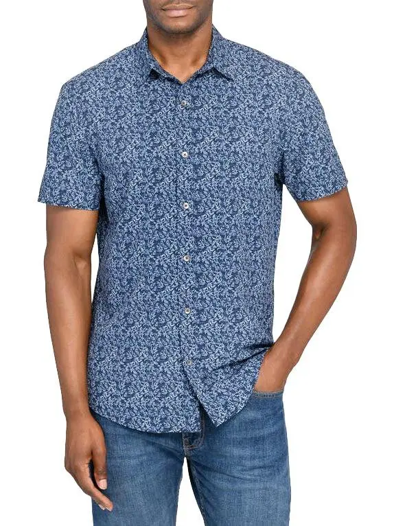 W.R.K Slim Fit Floral Stem Short Sleeve Performance Button-up Shirt - Navy
