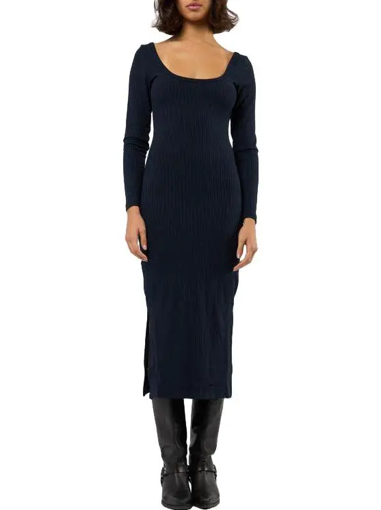 VIENS AVEC MOI Flirt Fusion Long Sleeve Rib Dress - Navy