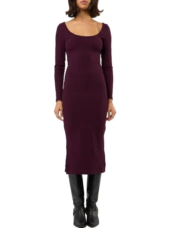 VIENS AVEC MOI The Flirt Fusion Long Sleeve Rib Dress - Burgundy