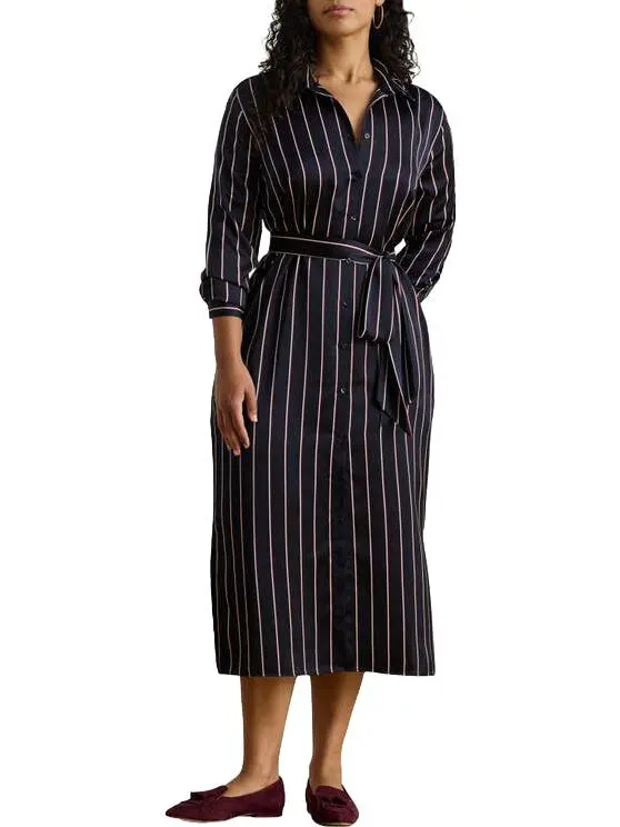 Ralph Lauren Striped Long-sleeve Satin Charmeuse Shirtdress - Navy/cream/garnet