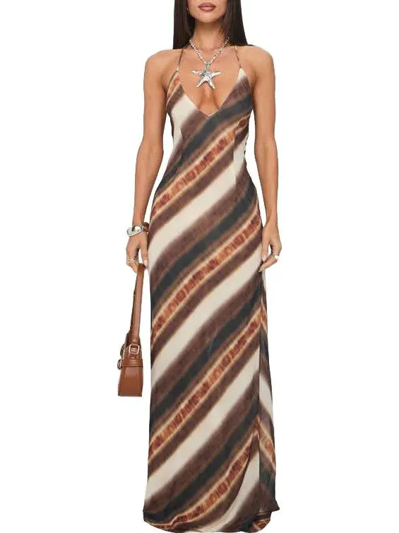 Princess Polly Esmira Plunge Halter Maxi Dress - Brown Stripe