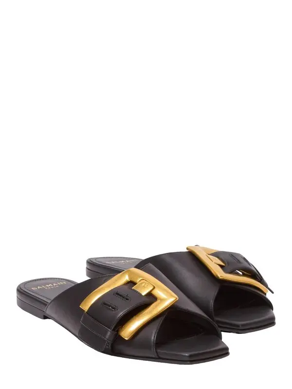 Balmain Anthem Flat Calfskin Leather Sandals - Black