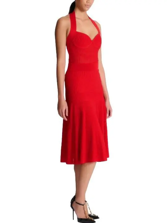 Balmain Halterneck Pleated Knit Midi Dress - Red