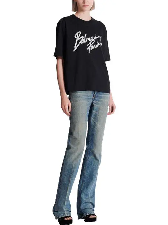 Balmain Boxy T-shirt With Paris Brush Print - Black