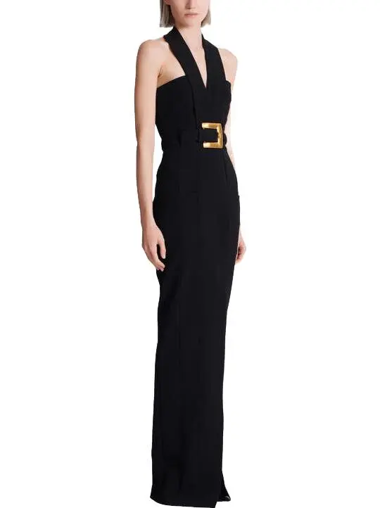 Balmain Long Crepe Dress With Anthem Buckle Belt - Black